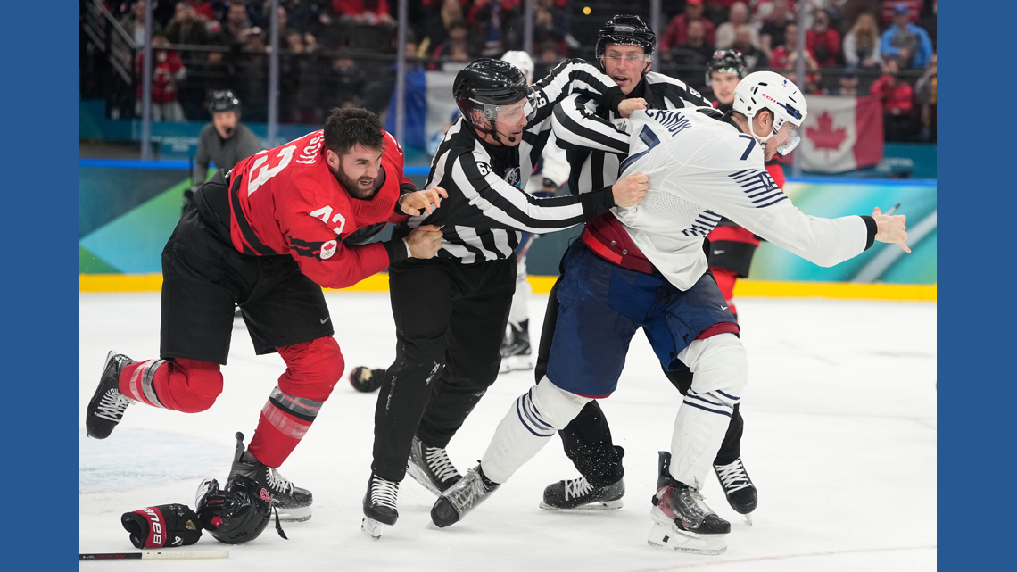 Tom Wilson fights in Canada's game vs. France at the Olympics ...