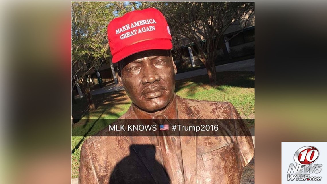 Students puzzled by Trump hat adorning MLK statue at USF | 13newsnow.com