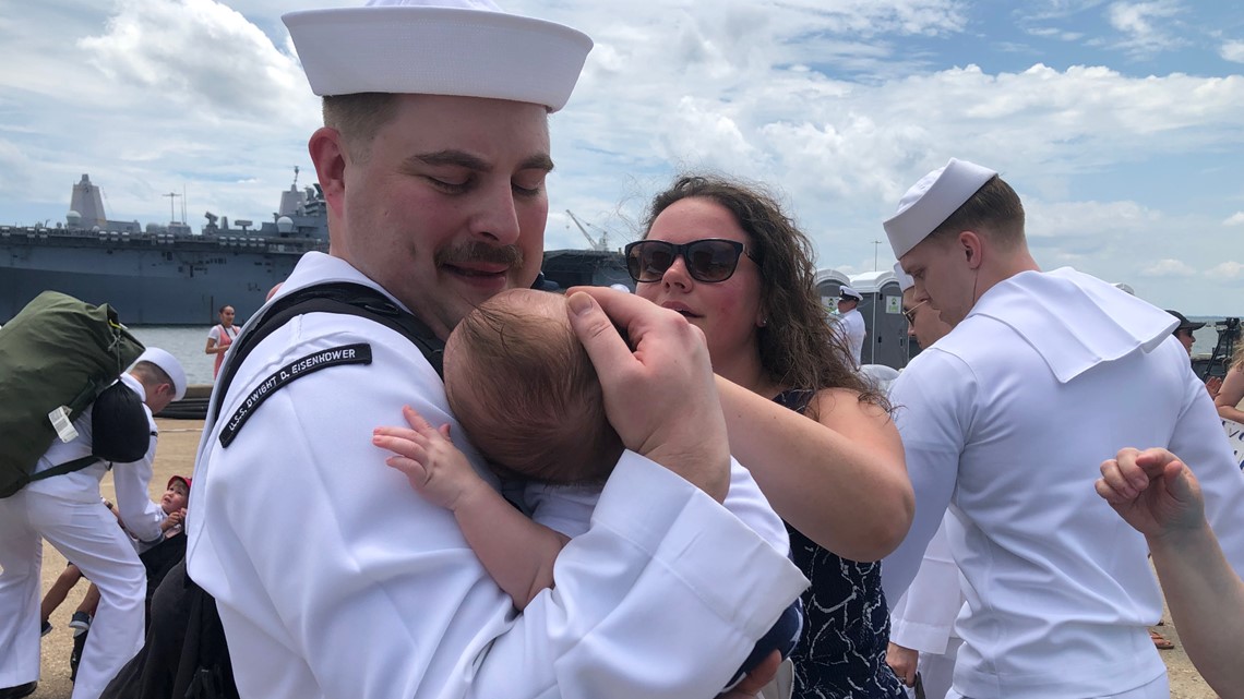 Sailors meet new babies, grab long-awaited hugs after deployment on USS ...