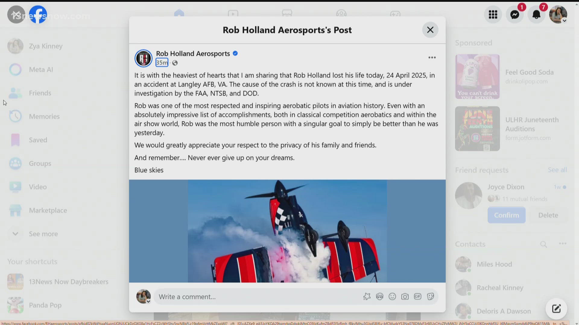 Aerobatic pilot Rob Holland dies in crash at Langley Air Force Base ...