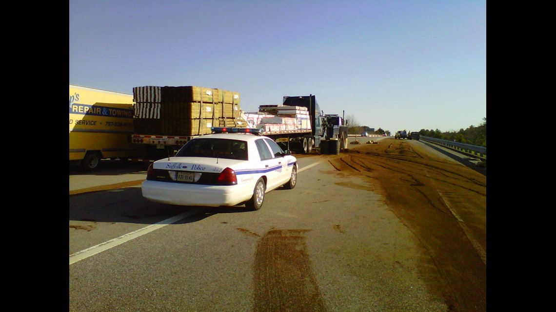 Ruptured gas tank spills diesel on Suffolk roadway | 13newsnow.com