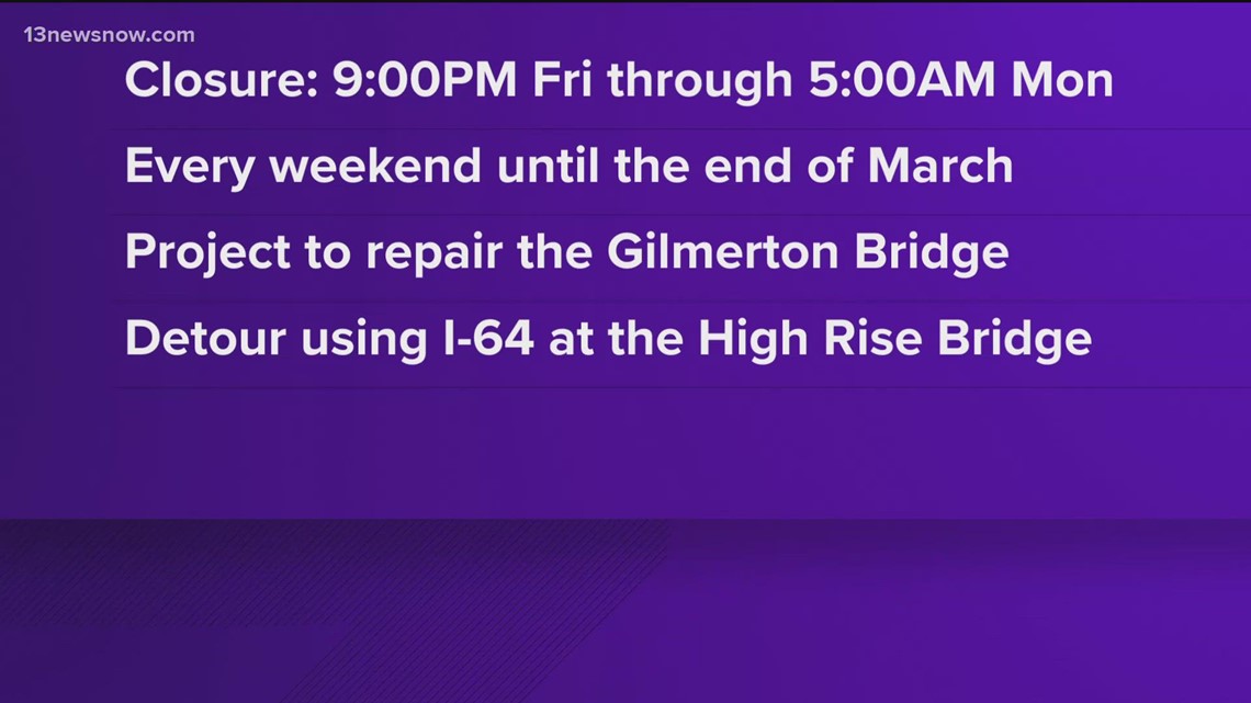 Gilmerton Bridge in Chesapeake closes for the weekend | 13newsnow.com