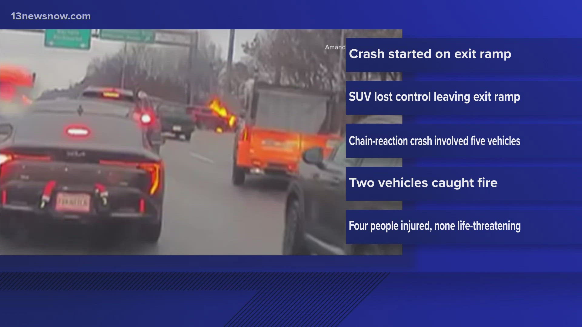 4 injured after fiery 5-vehicle crash on I-264 West in Virginia Beach ...