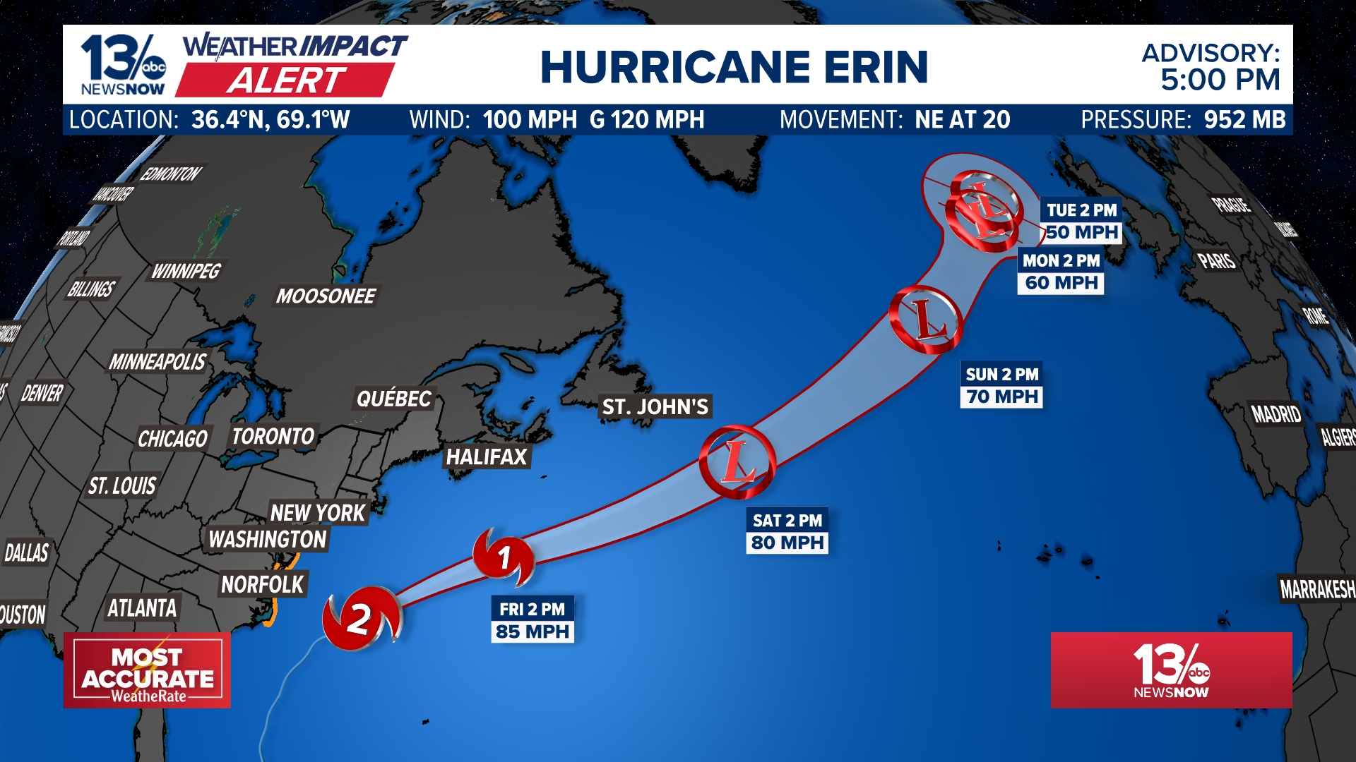 Hurricane Tracker: Erin moves out; Fernand could form | 13newsnow.com