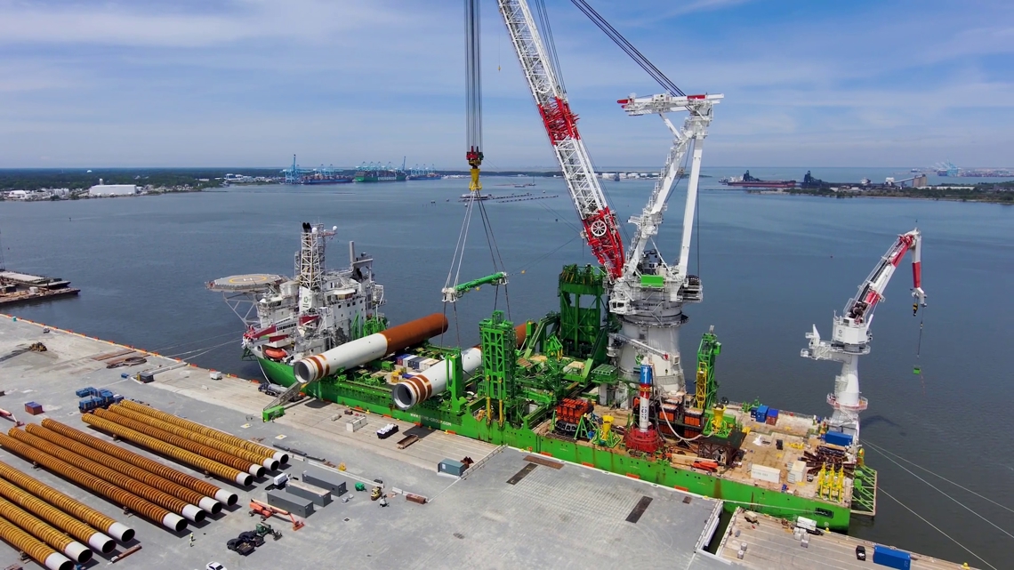 Vessel departs Portsmouth with offshore wind monopiles | 13newsnow.com