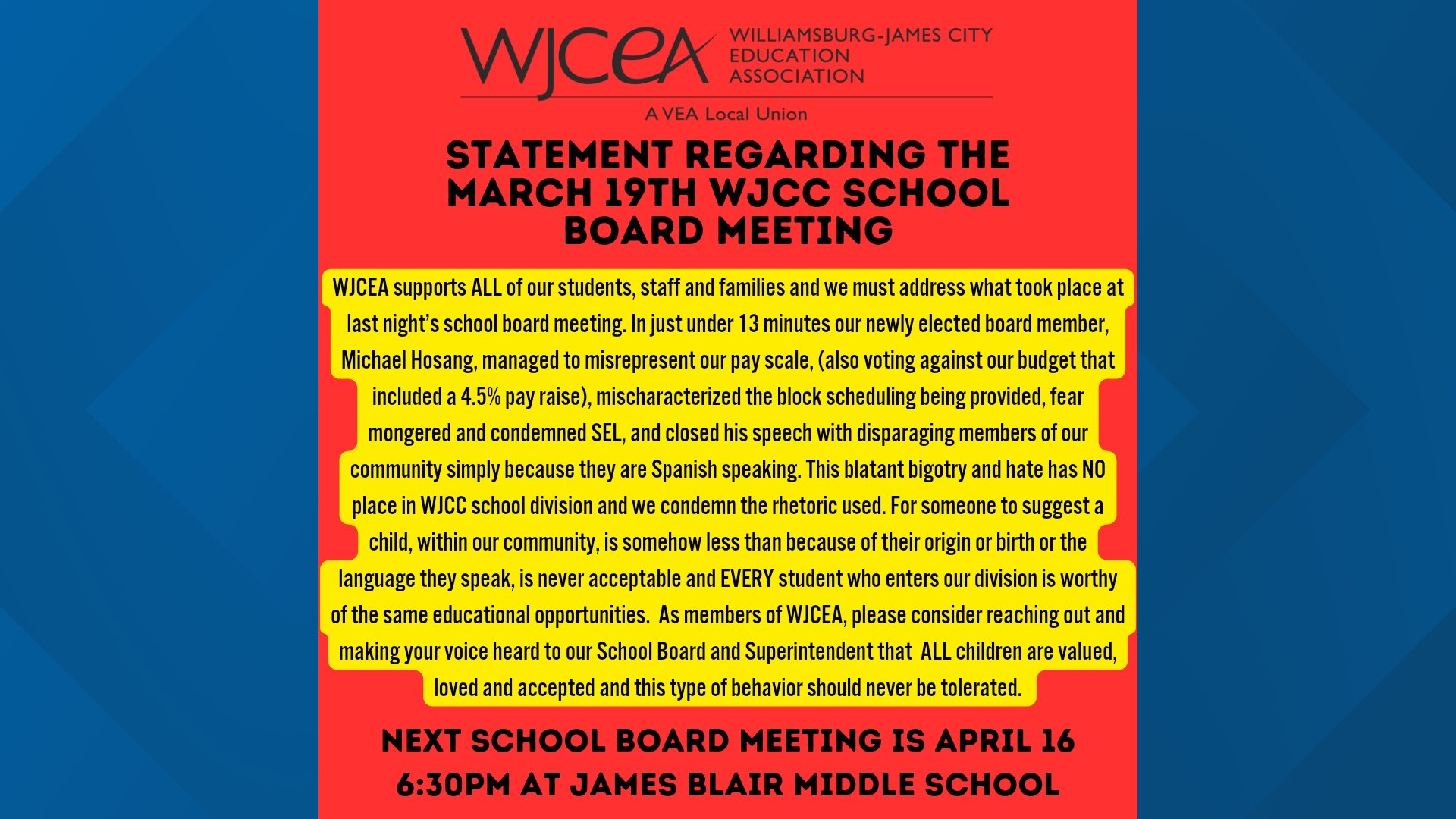 WJCC school board member's 'racist' comments spark backlash | 13newsnow.com