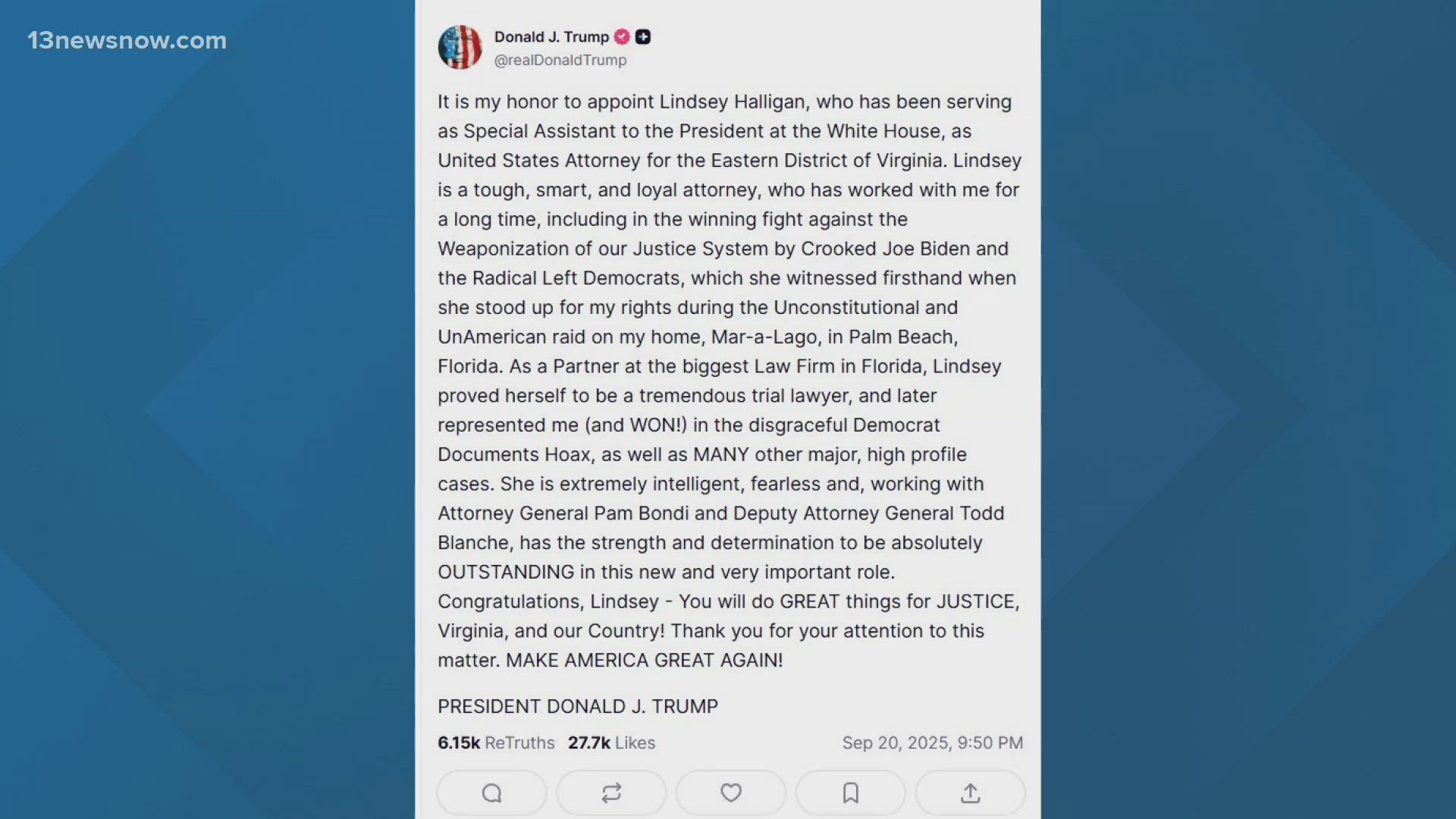 Lindsey Halligan nominated for role as U.S. Attorney for Eastern ...