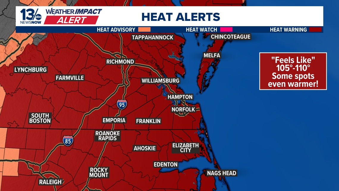 Extreme heat wave in Virginia, NC: Heat index up to 108°, alerts thru ...