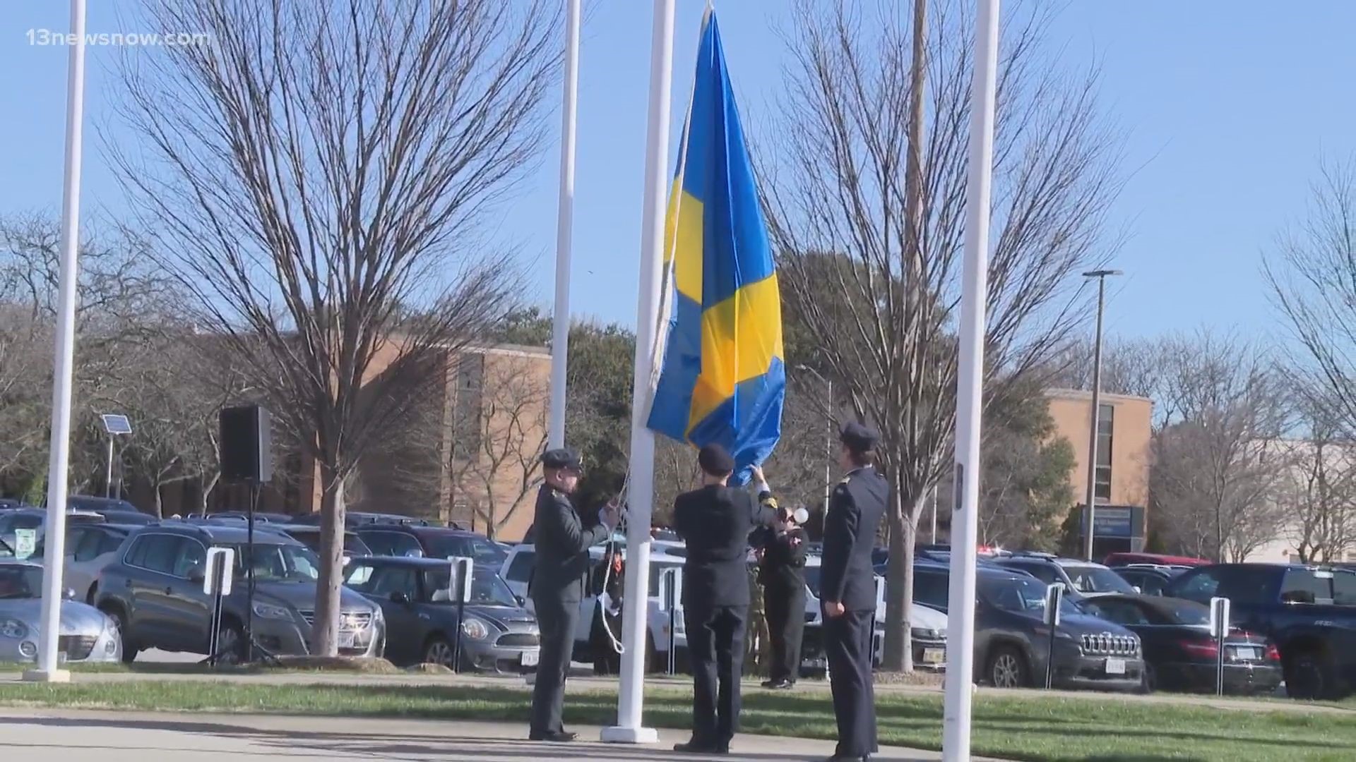 Sweden's flag raised at NATO headquarters in Norfolk and Brussels ...