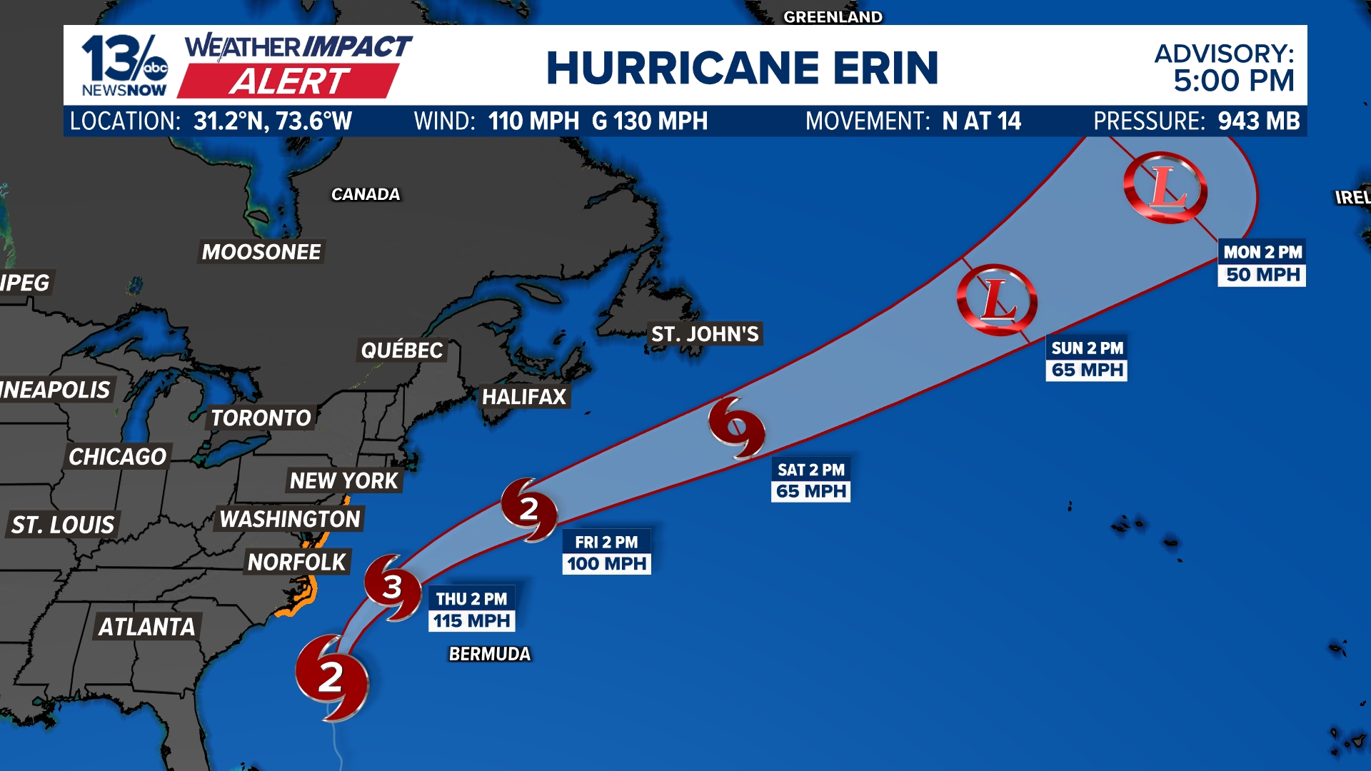 Hurricane Tracker: Erin moves out; Fernand could form | 13newsnow.com