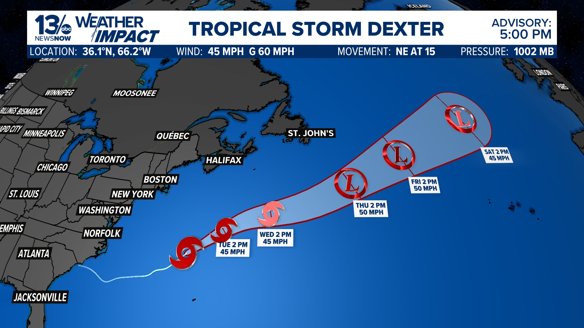 Tropical Storm Dexter moves farther away from the U.S. | 13newsnow.com
