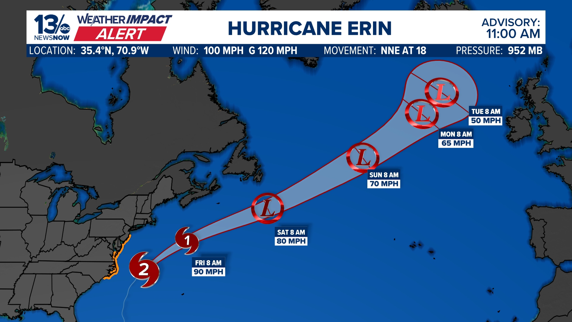 Hurricane Tracker: Erin moves out; Fernand could form | 13newsnow.com