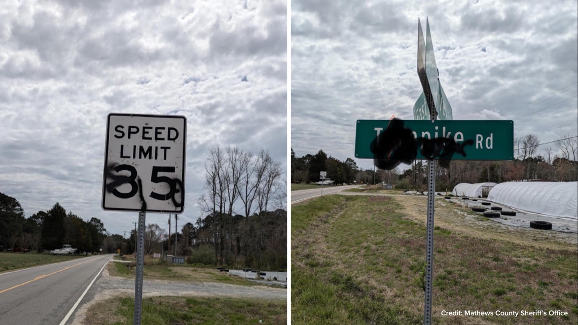 Street sign vandalized with racial slur in Mathews County, officials ...
