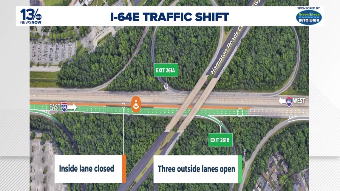 Eastbound I-64 lane closure near Hampton Roads Center Parkway | 13newsnow.com