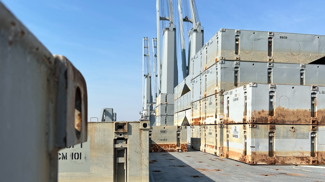 Military members load ship with equipment for Gaza floating dock ...