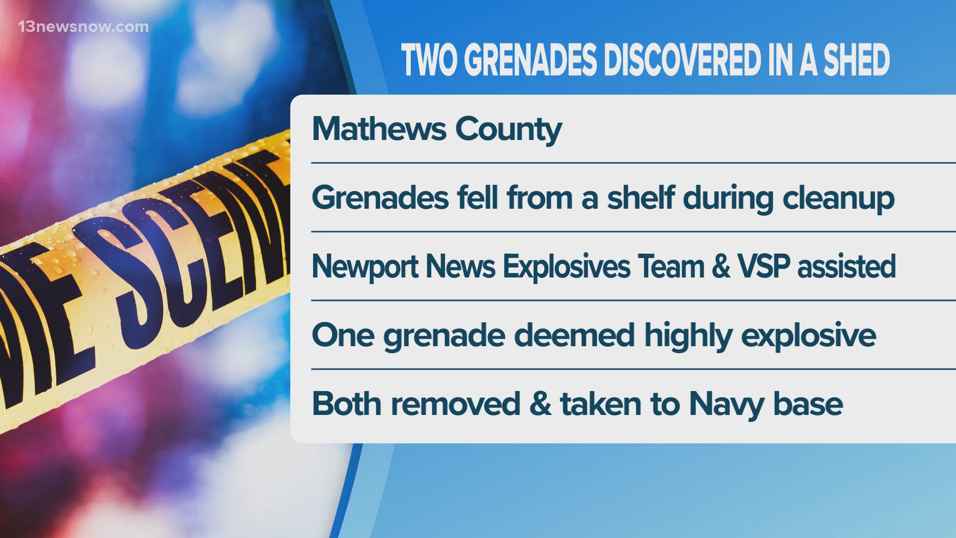 2 grenades discovered in Mathews County shed | 13newsnow.com